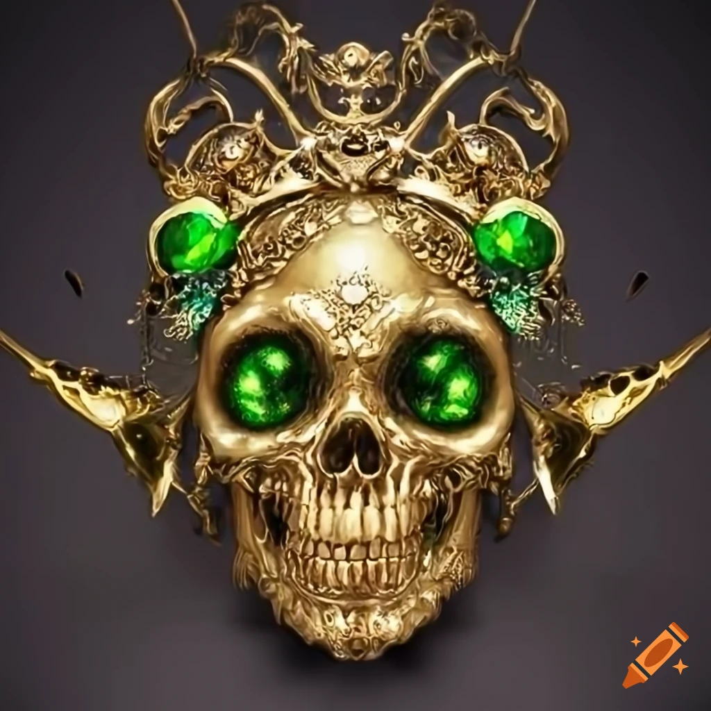 Intricately designed steampunk sculpture of a colorful golden skull ...
