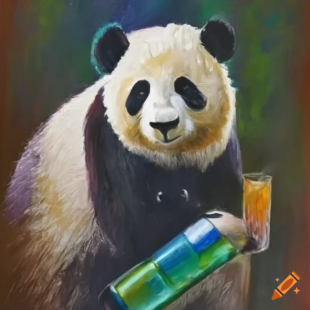 Oil painting of a panda in a suit conducting an experiment