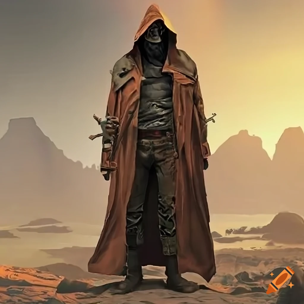 Character in a post-apocalyptic game wearing a full length cloak on Craiyon