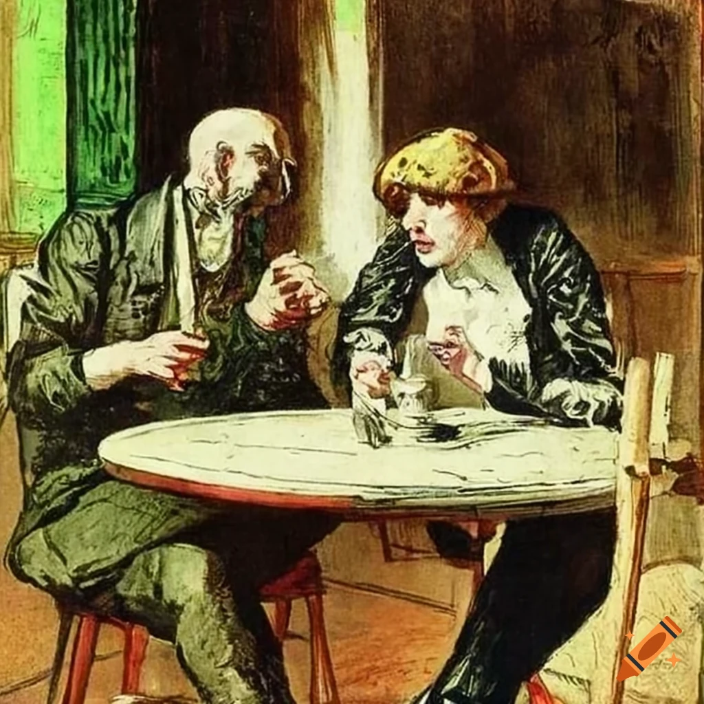 Vintage illustration poster of two beggars at a restaurant table on Craiyon