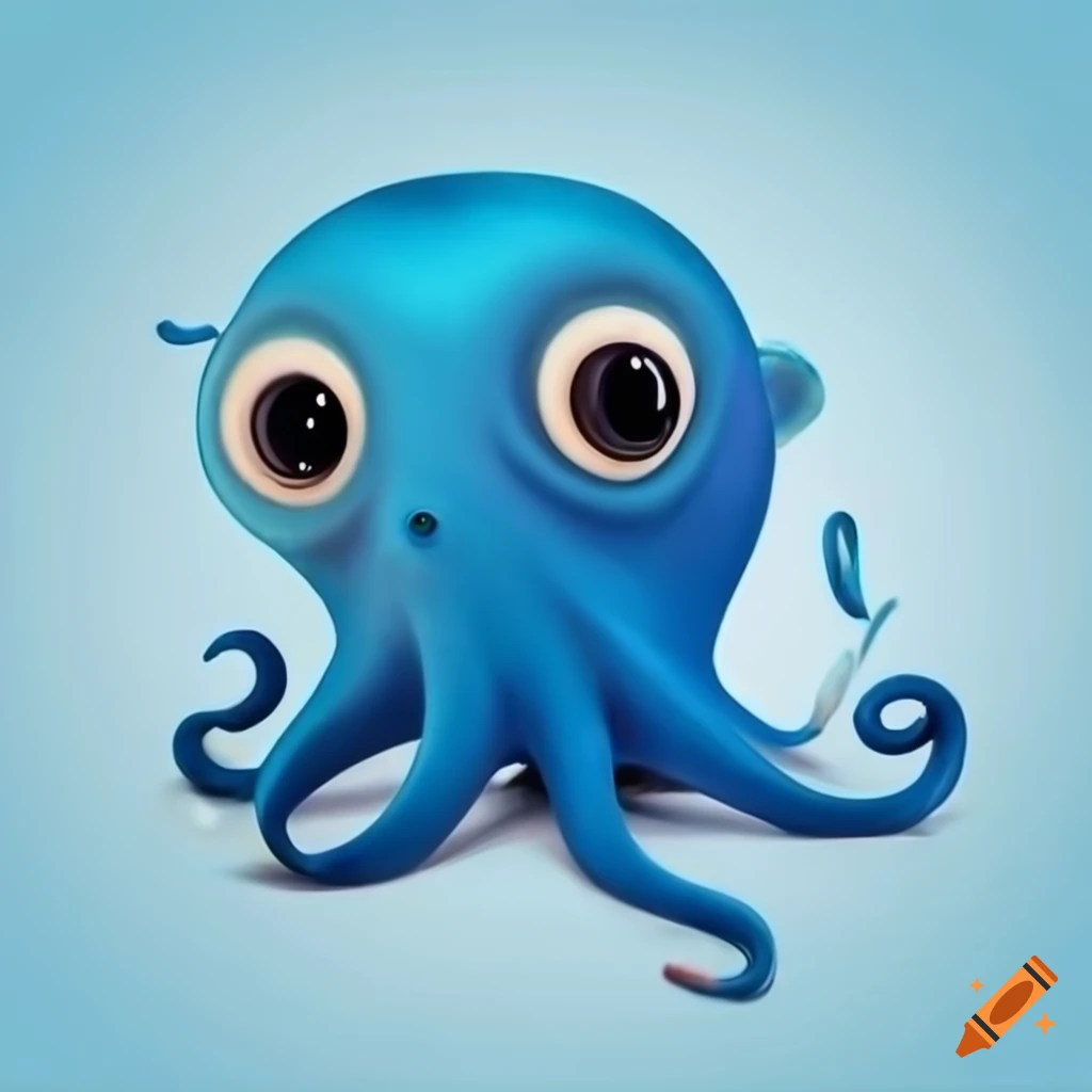 Cute blue octopus using a laptop