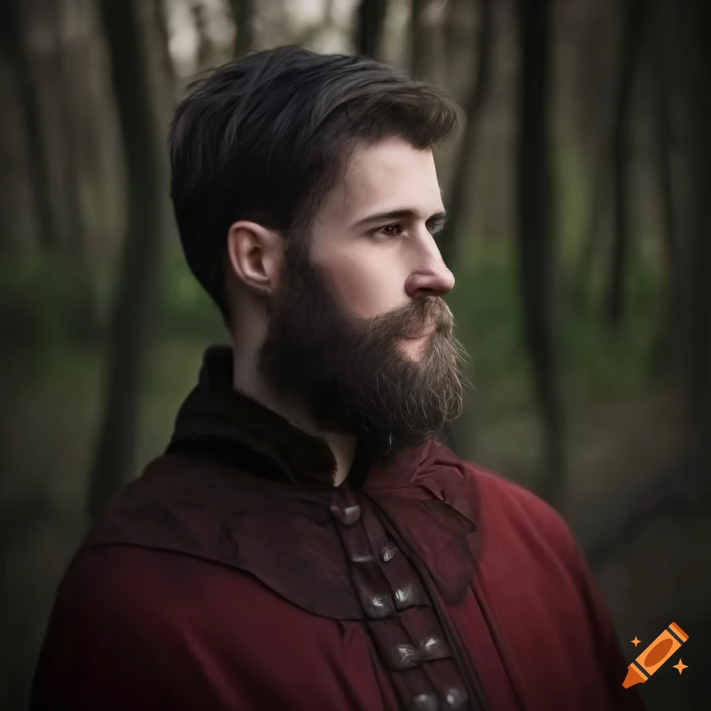 Handsome man in medieval attire in the woods on Craiyon