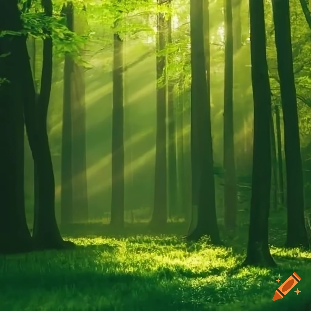 Sunlight shining through trees in a green forest on Craiyon Sunlight shining through trees in a green forest on Craiyon