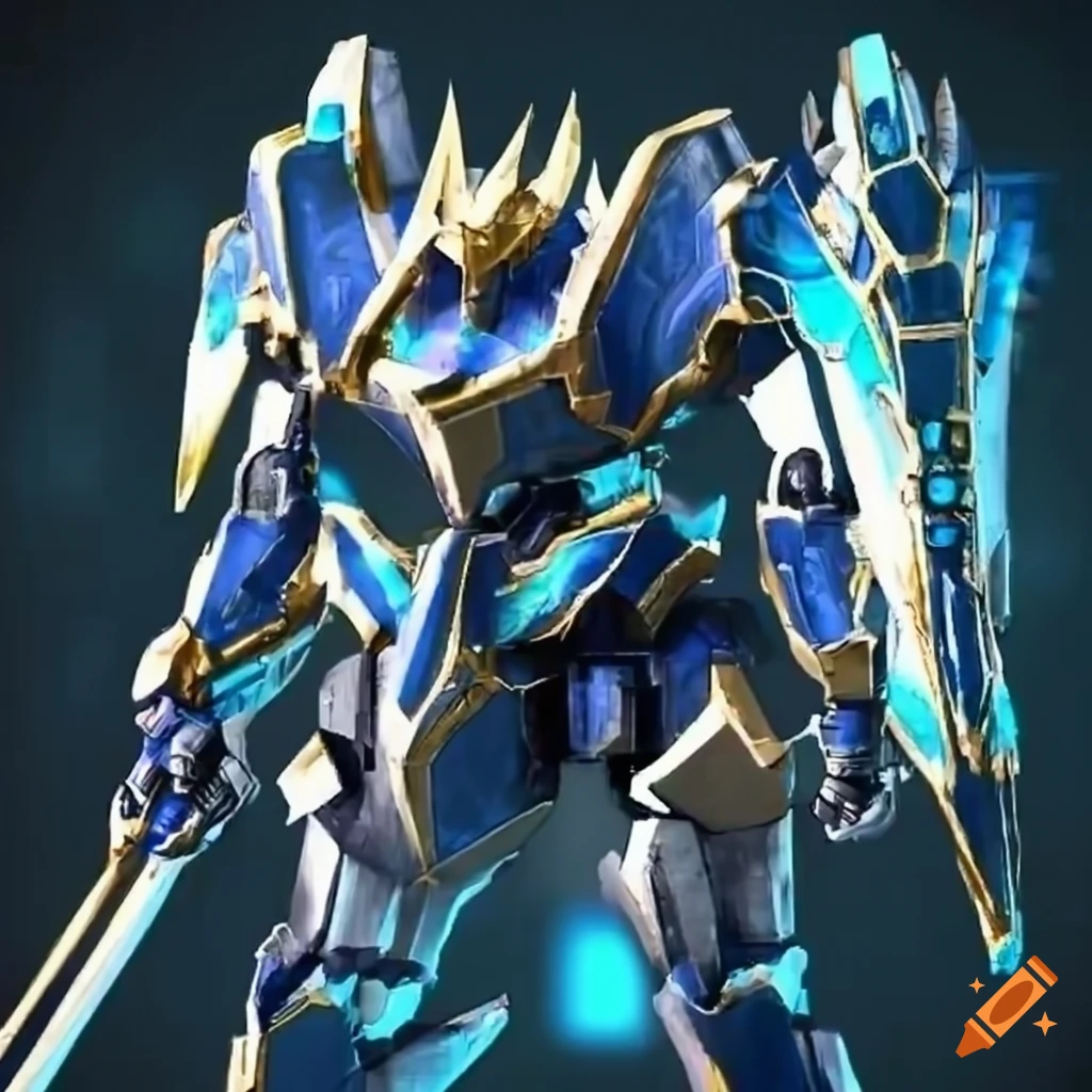 Armored core with a glowing blue sword on Craiyon