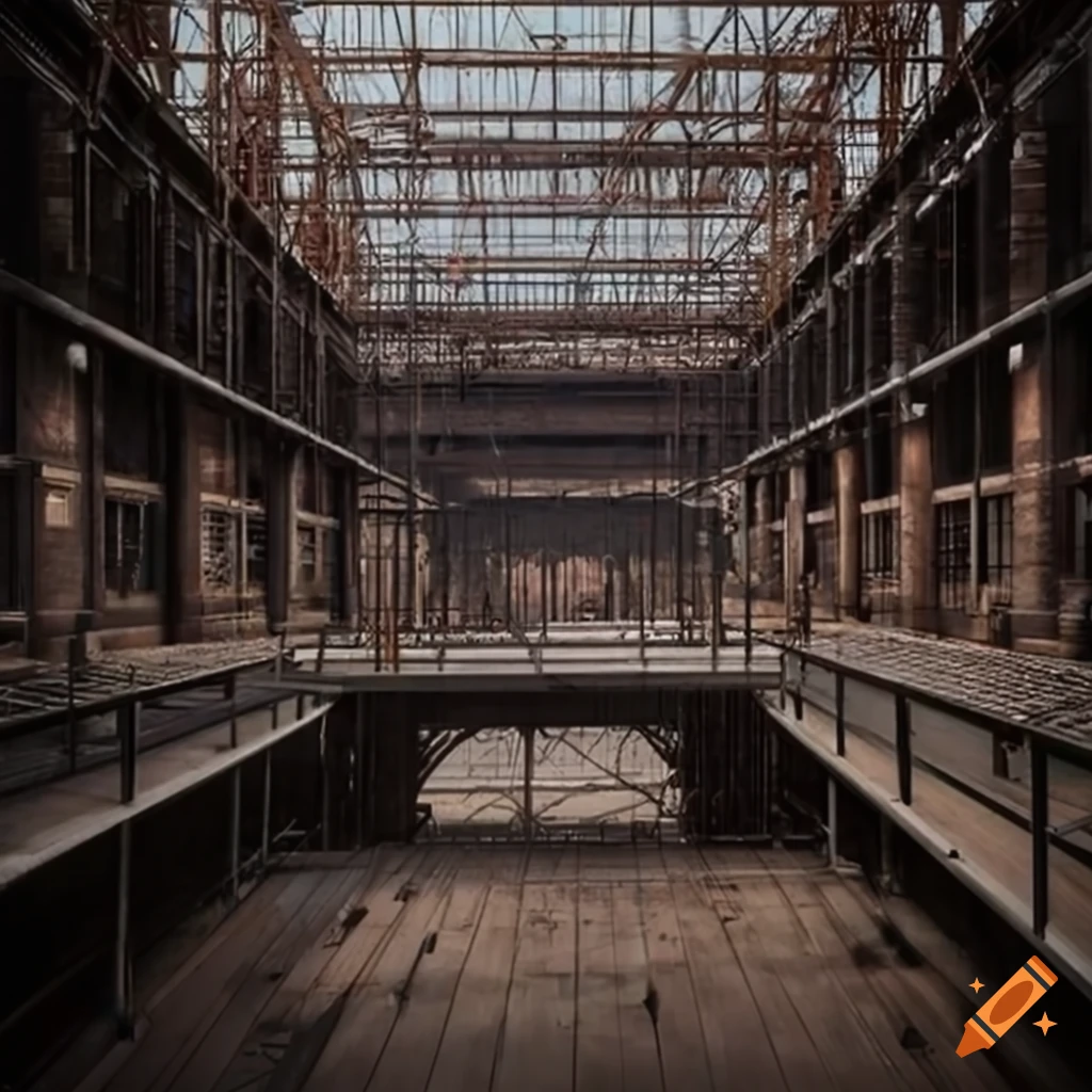 Hyper realistic render of a shipyard hall with scaffolding on Craiyon