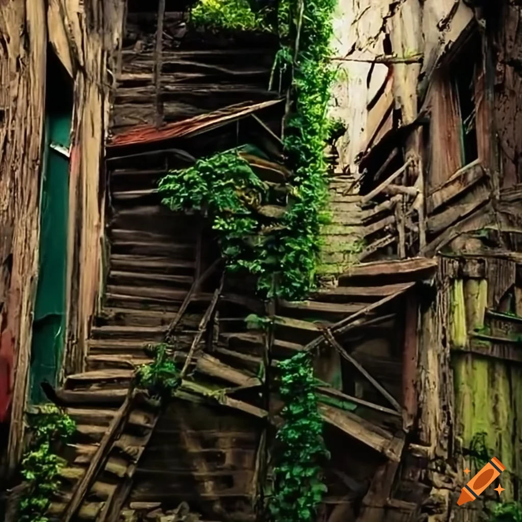 Photograph of rural slums with interconnected stairs