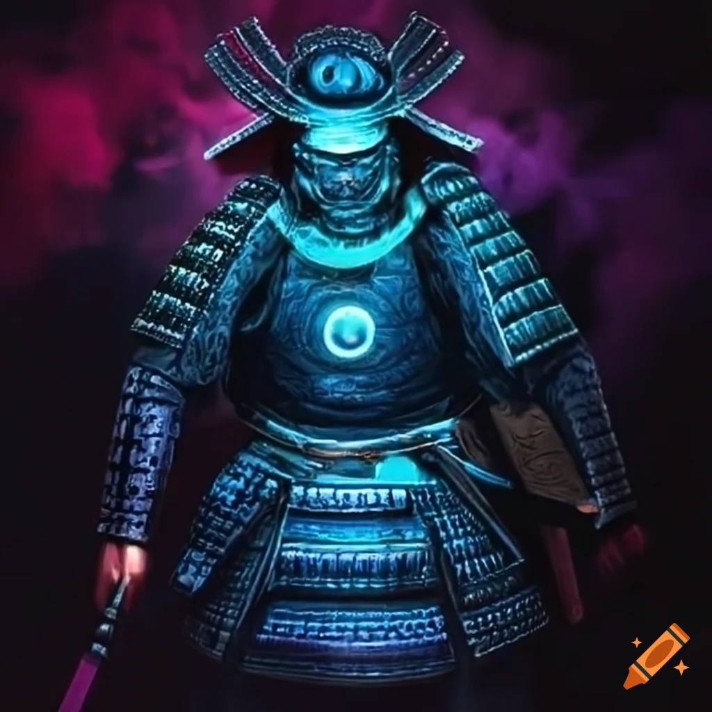 Artistic portrayal of a samurai with glowing blue eyes on Craiyon