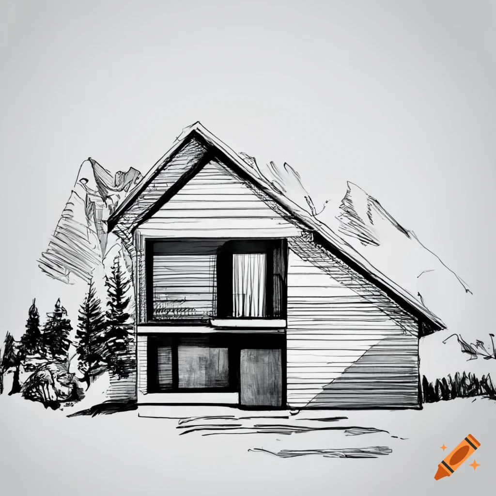 Black ink sketch of a modern minimalist house with alpine roof on Craiyon