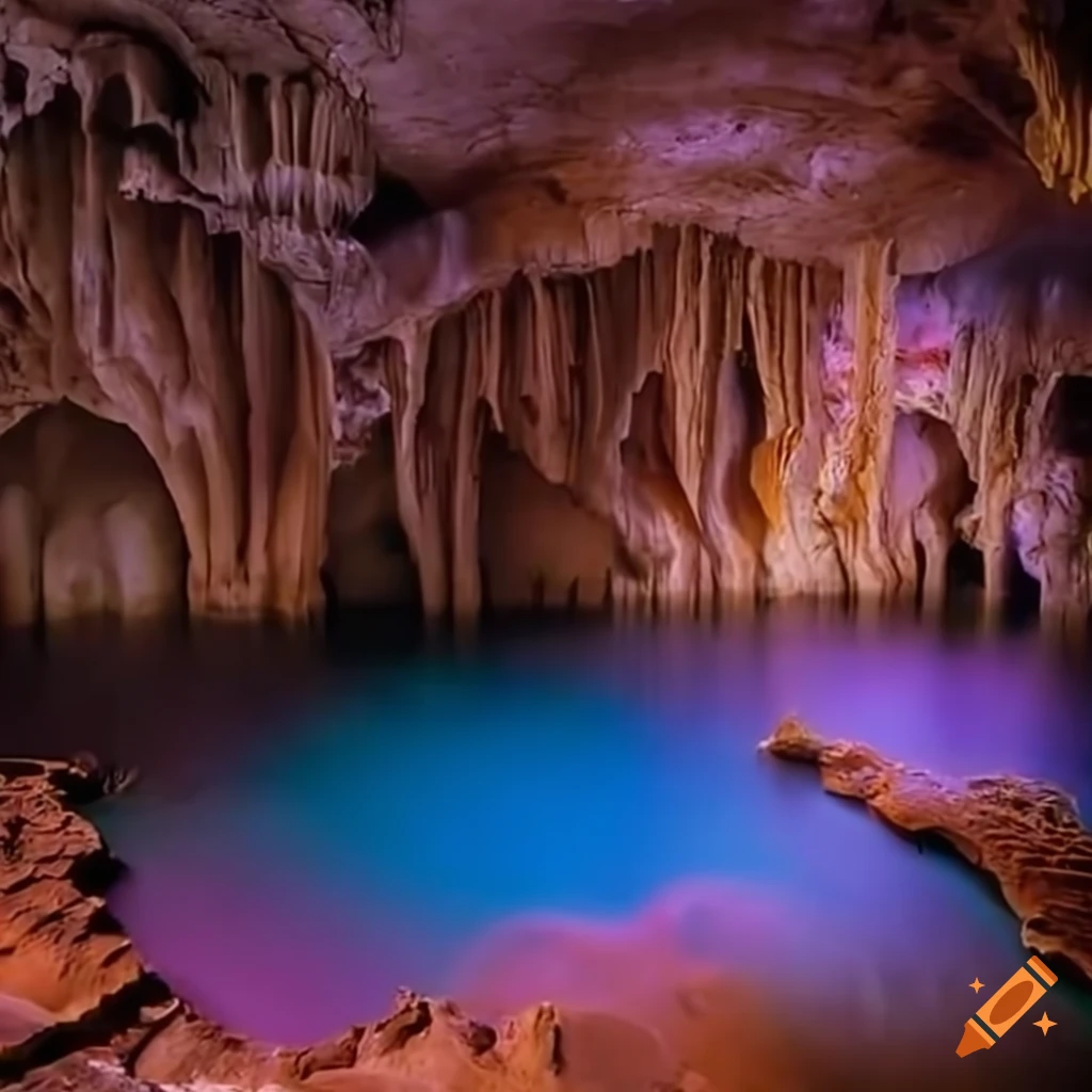 Colorful waterholes in a prehistoric cave lagoon on Craiyon