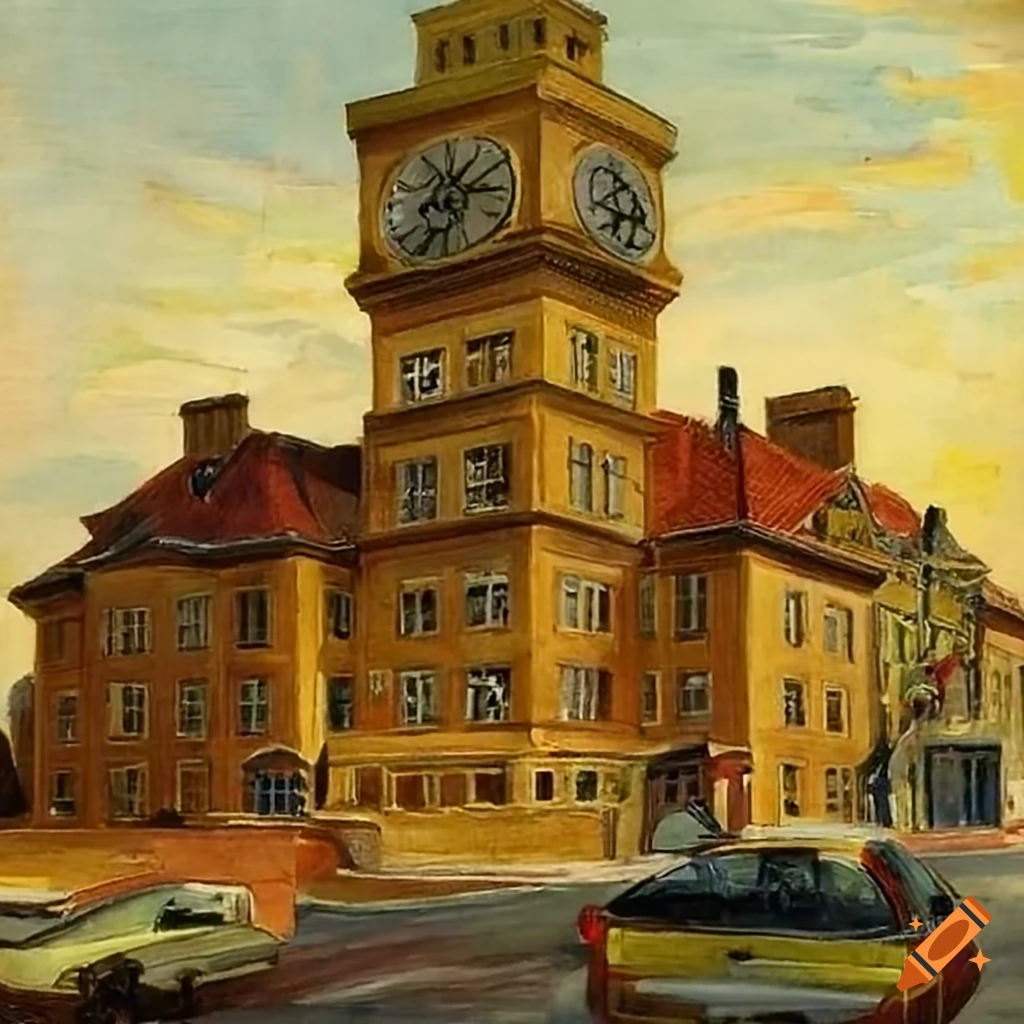 Steampunk neoclassical building with clock