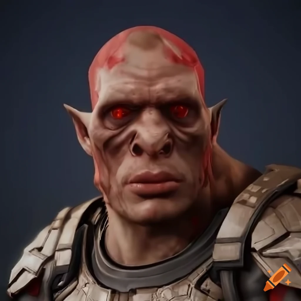 Sci-fi character of a pale-skinned elf general with red hair and eyes ...