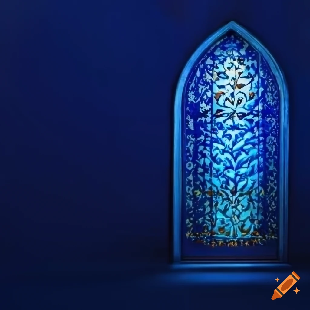 Blue islamic art window with a tree design on Craiyon