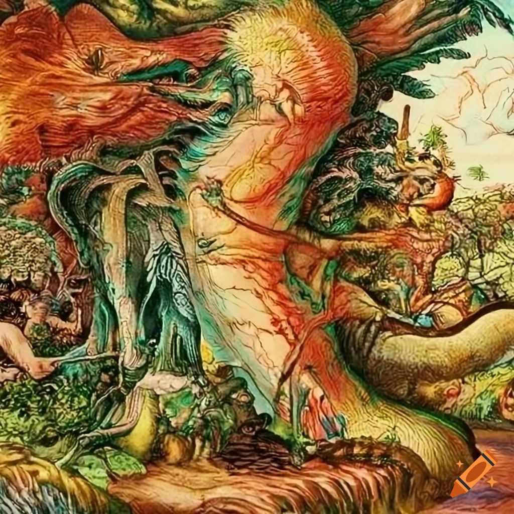 Jungle landscape with animal-human hybrids and fantasy creatures on Craiyon