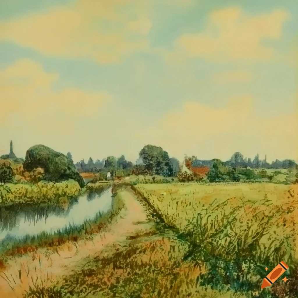 Detailed vintage drawing of a peaceful countryside in holland on Craiyon
