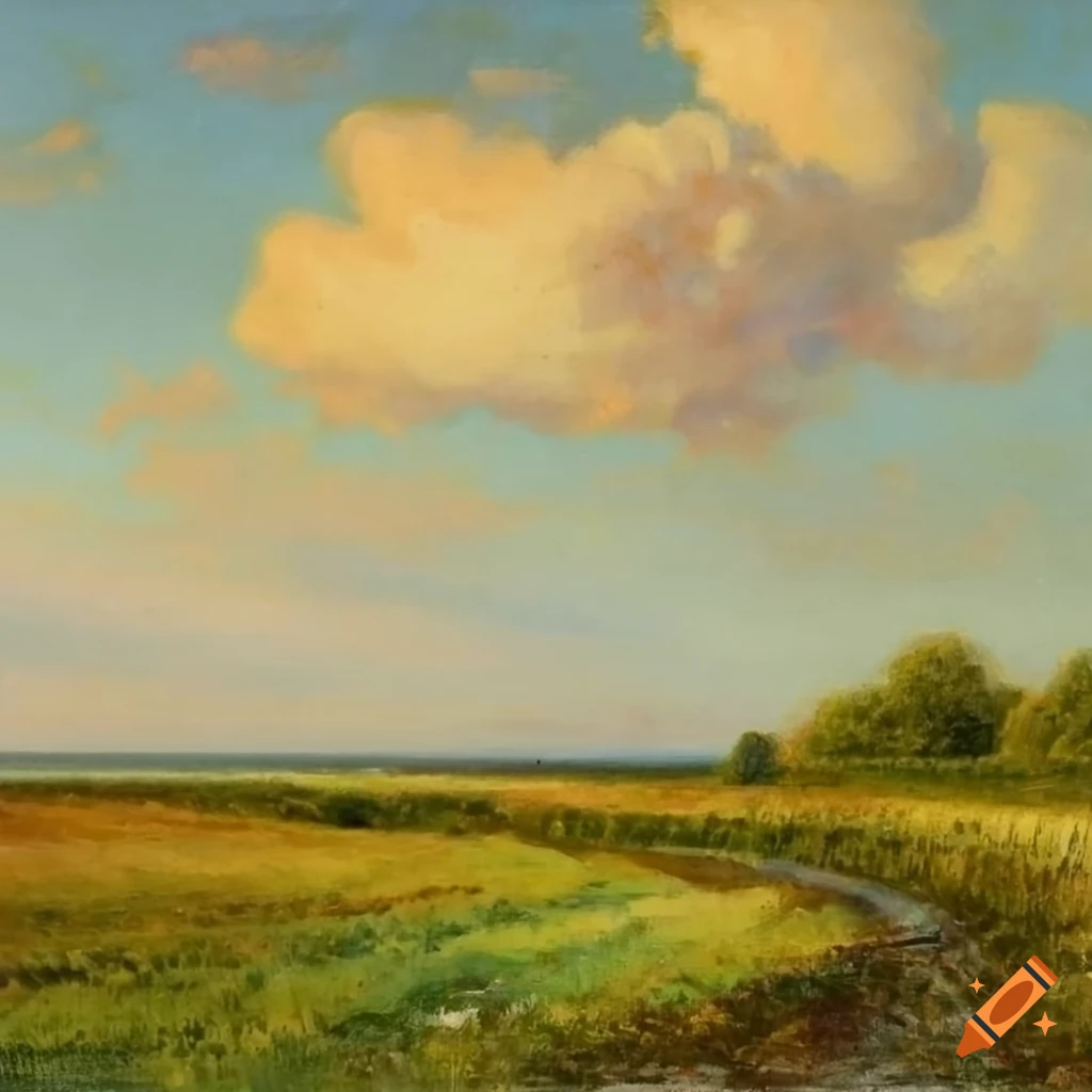 Dreary oil painting of an open medieval field on Craiyon