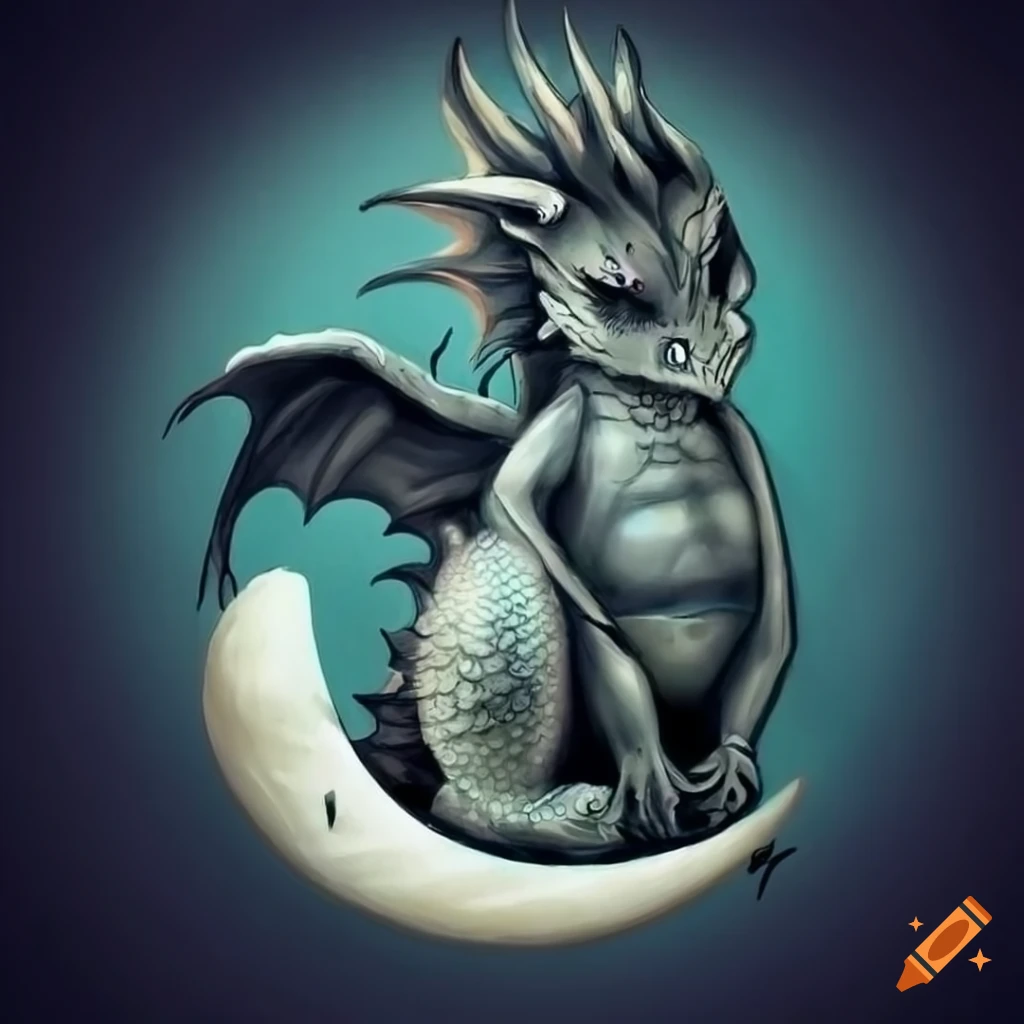 Chicano art of a cute dragon on a crescent moon on Craiyon