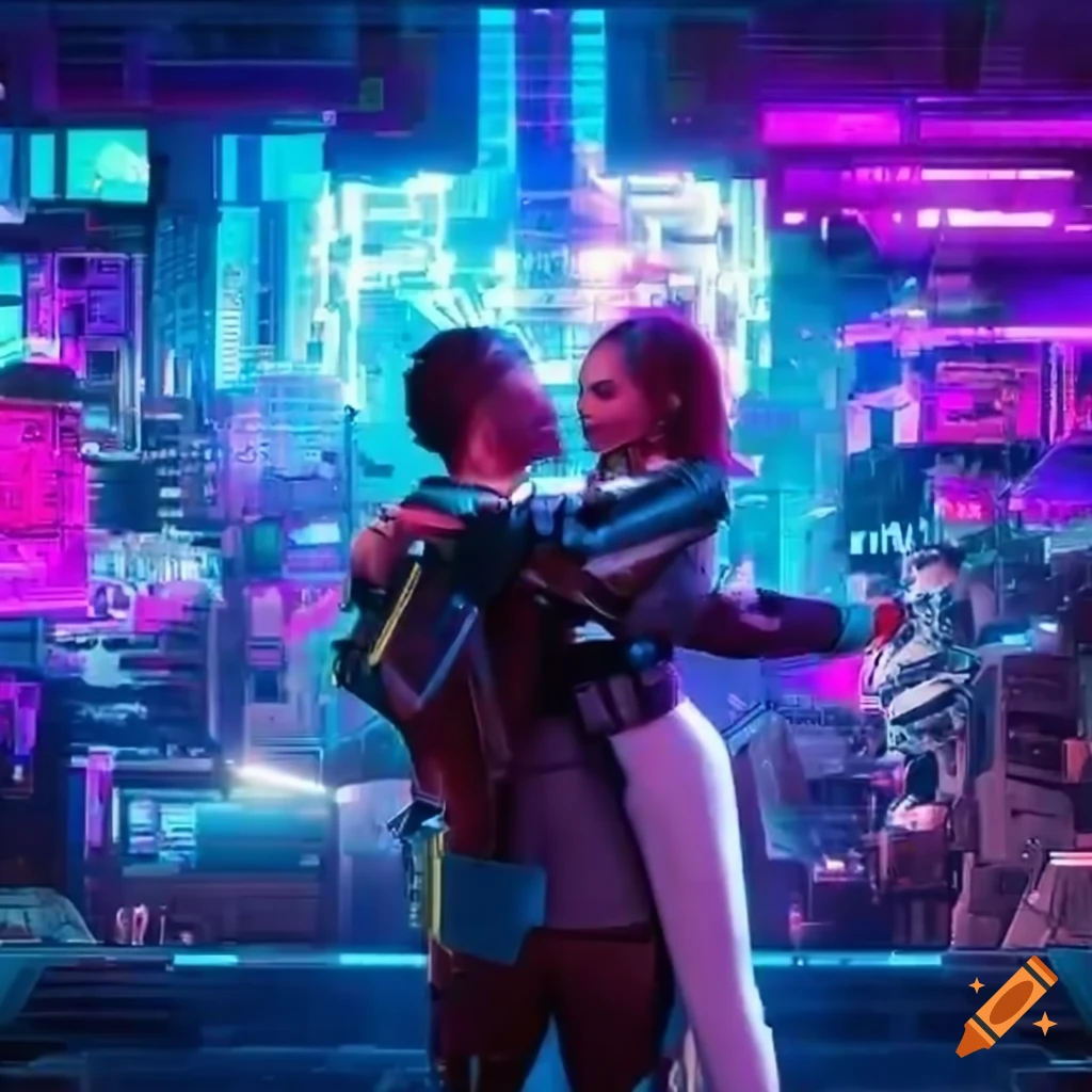 Cyberpunk couple embracing on Craiyon