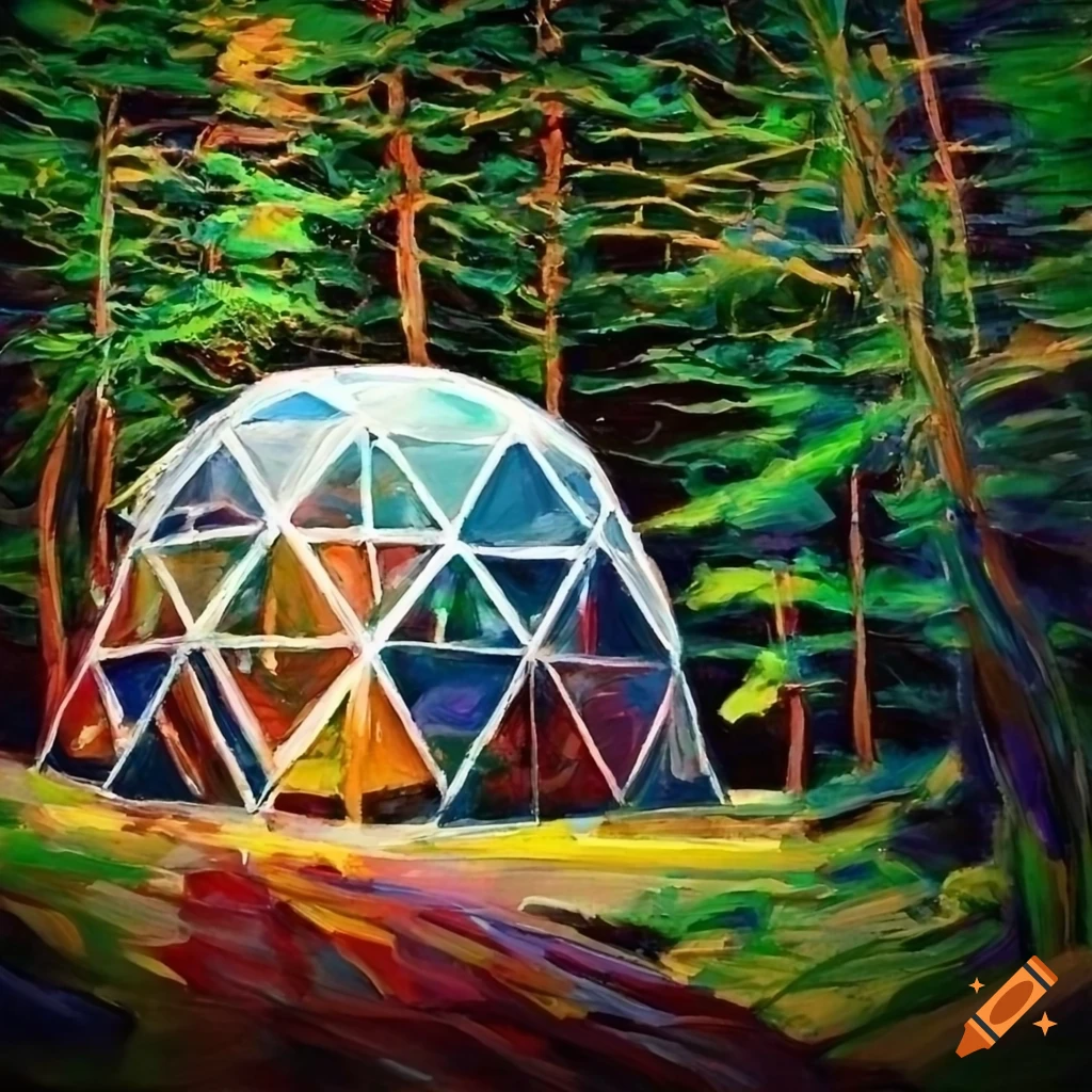 Expressionism art of a geodesic dome house in a forest
