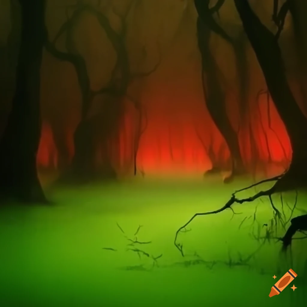 Dark fantasy movie scene of a foggy swamp with red water on Craiyon