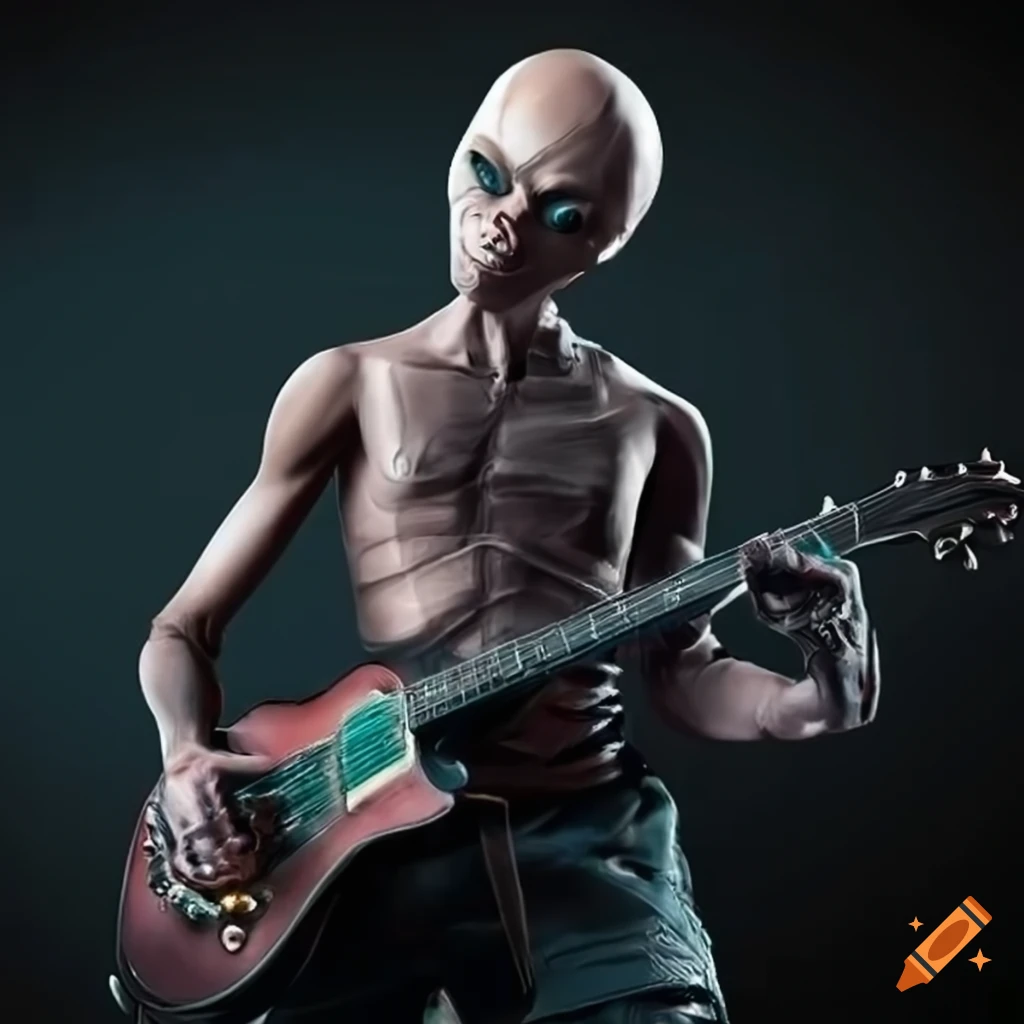 Full body image of an alien street musician on Craiyon