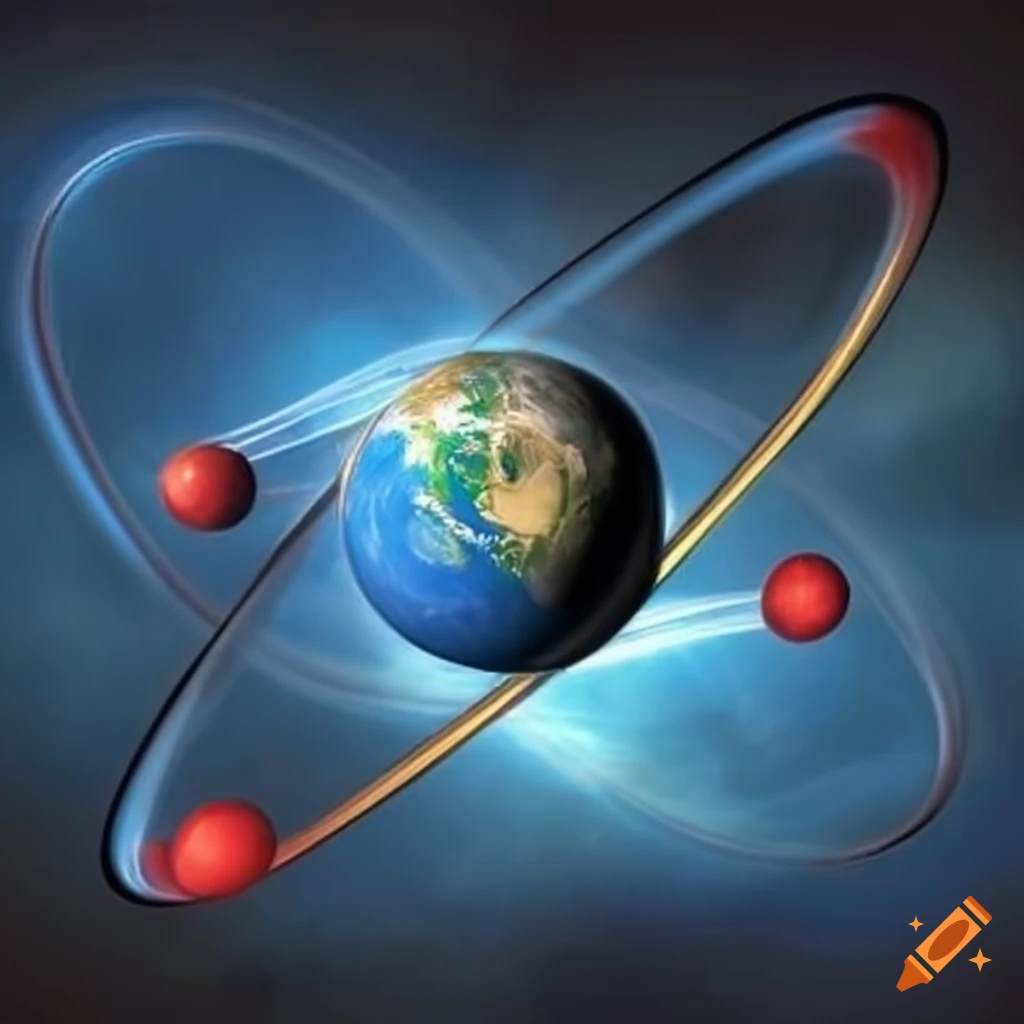 Representation of atom with earth nucleus and electron tracers