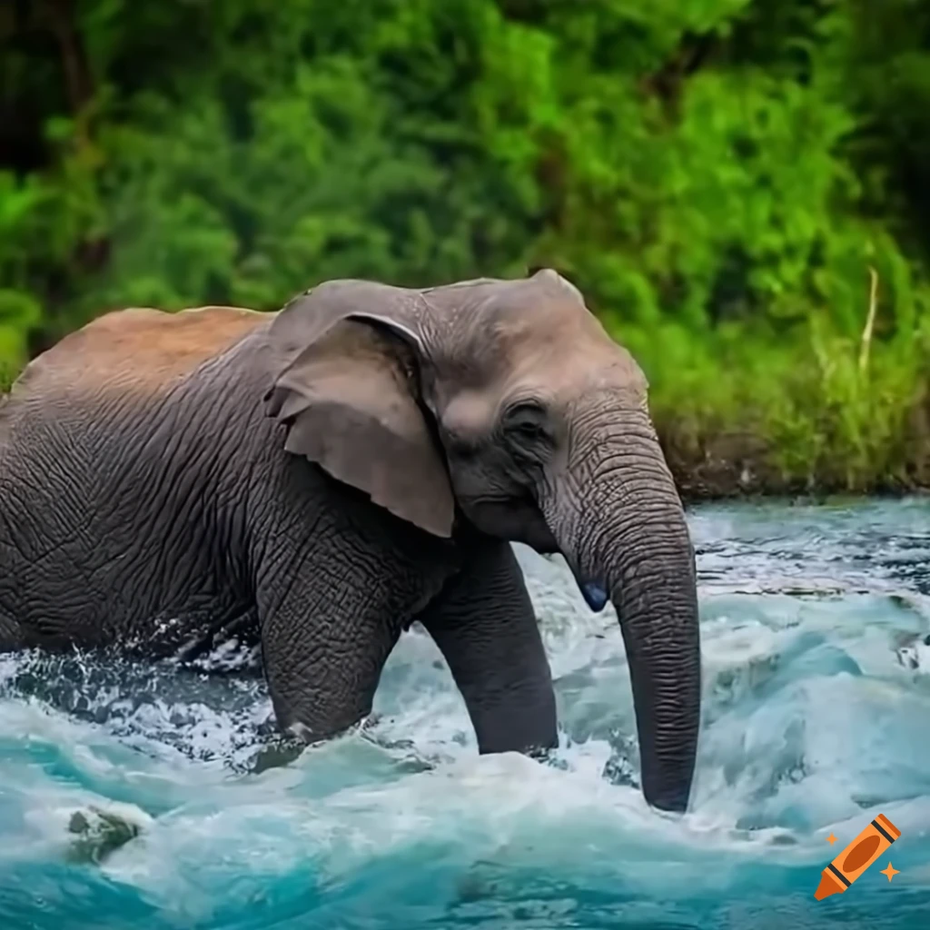 Elephant swimming in a flowing river