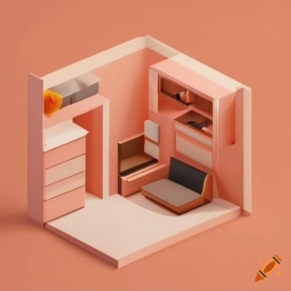Cozy isometric room with kitchen and stairs