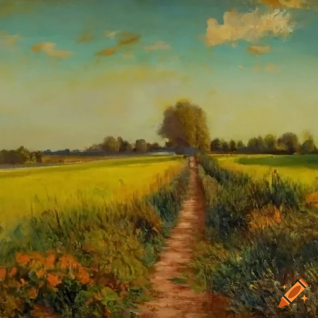 Colorful vintage painting of peaceful countryside on Craiyon