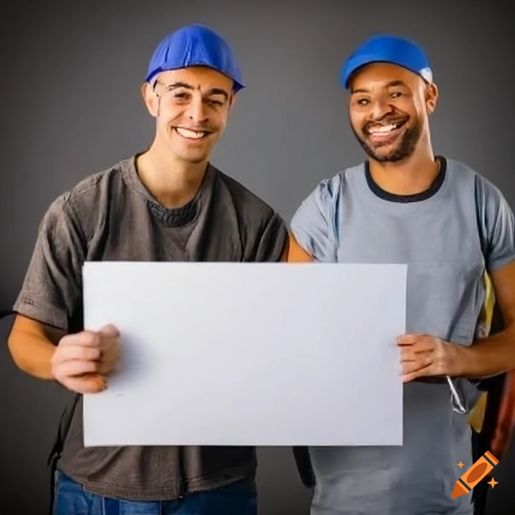 Two plumbers holding a sign