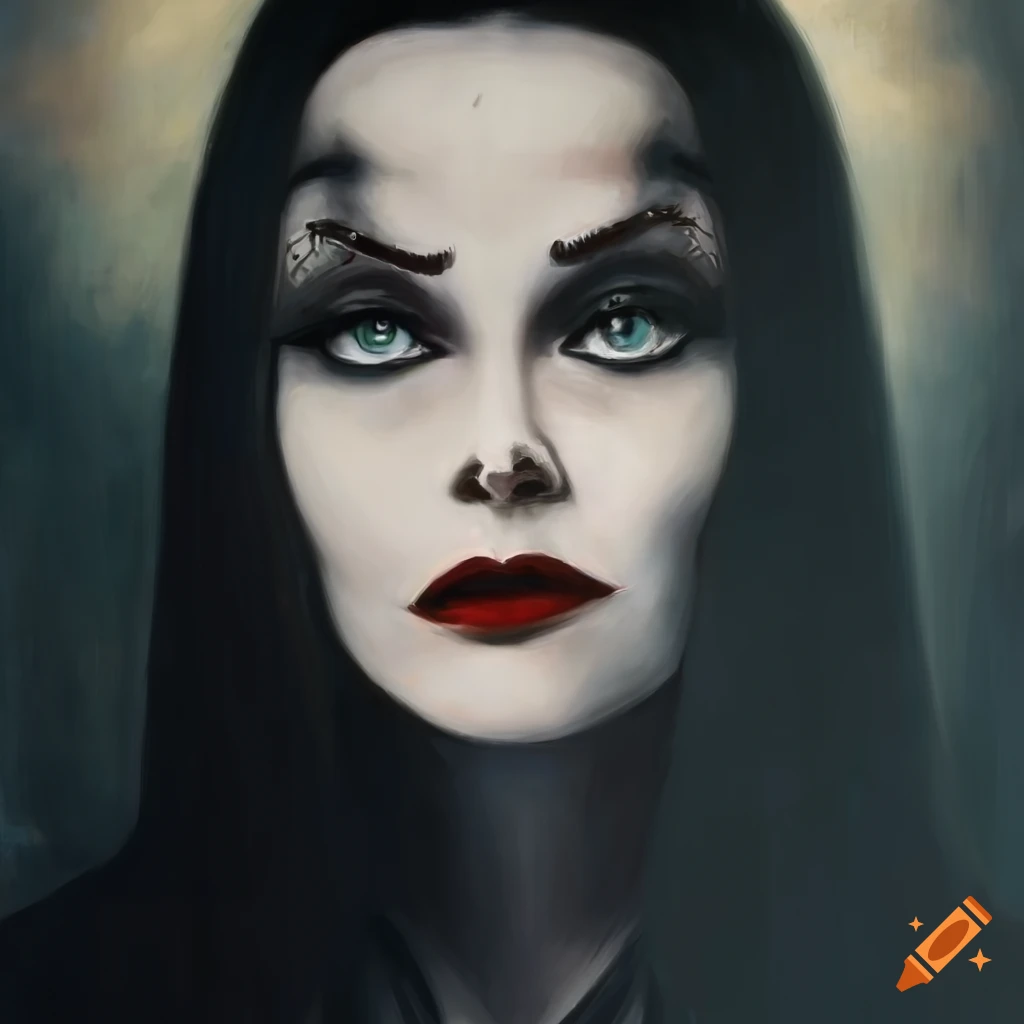 Portrait painting of morticia addams by beksinski on Craiyon