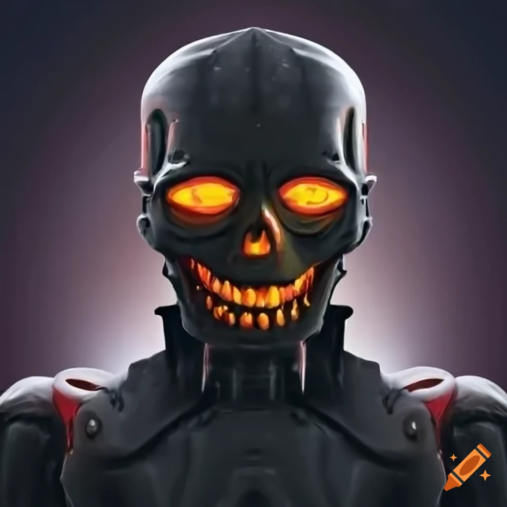 Concept art of a spooky pumpkin-headed robot on Craiyon