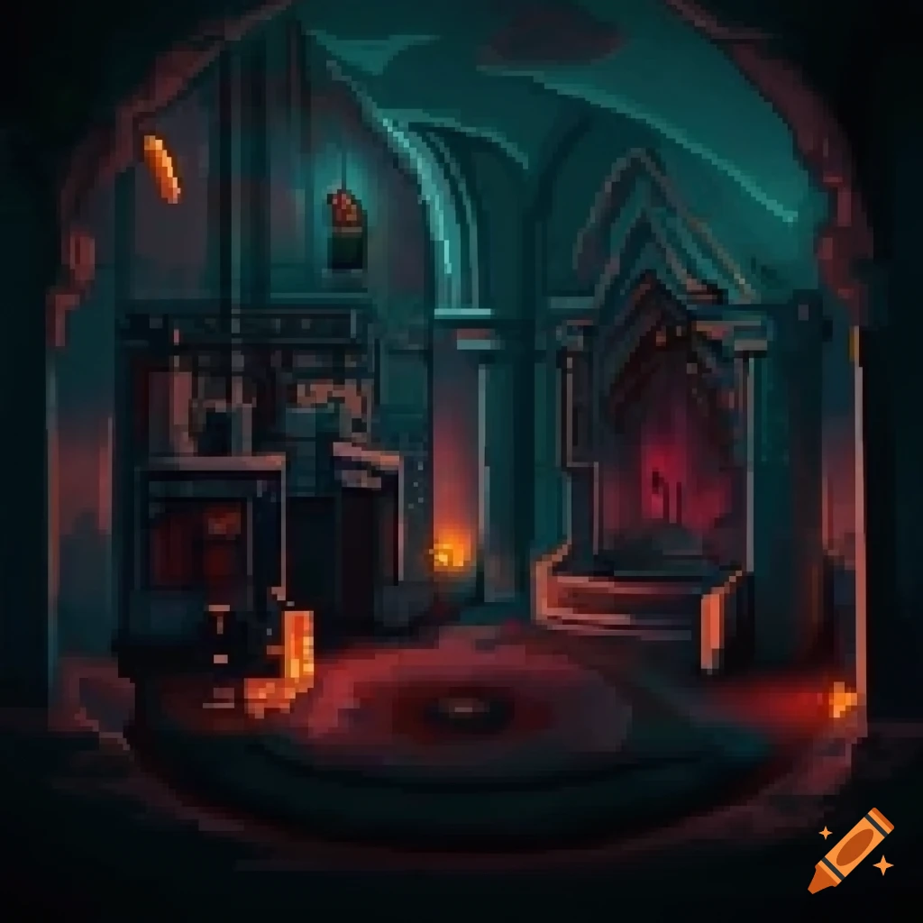 Pixel art of a dark fantasy interior