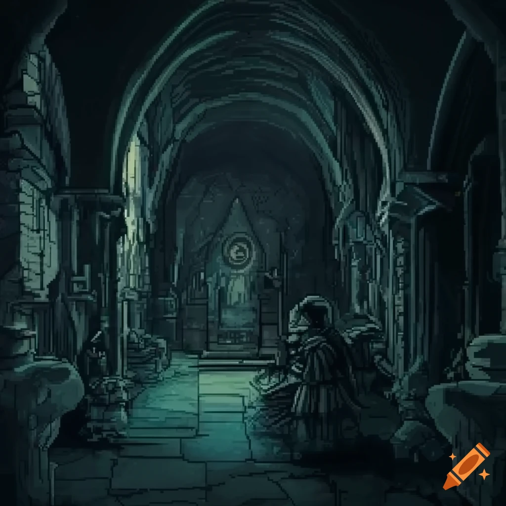 Pixel art of a dark fantasy interior on Craiyon