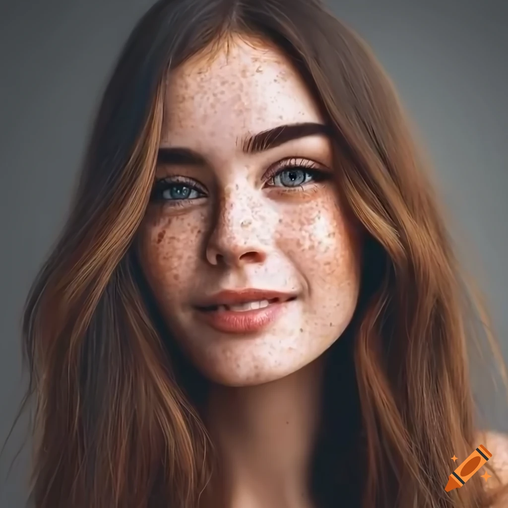 Close-up portrait of a young woman with freckles and shy smile on Craiyon