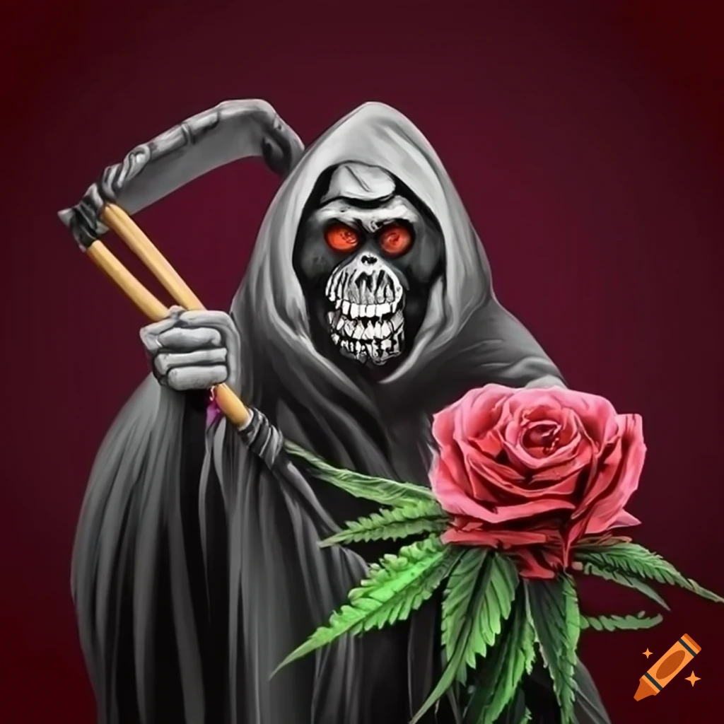 Artistic depiction of a grim reaper orangutan with a cannabis rose on ...