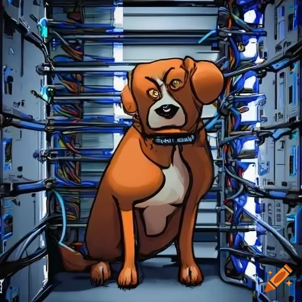 Comic dog in front of a server rack on Craiyon