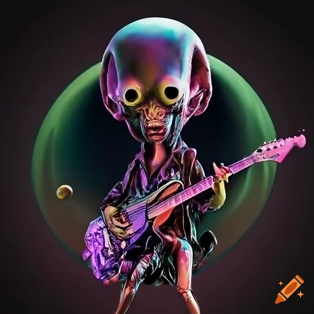 Alien street musician playing an instrument on Craiyon