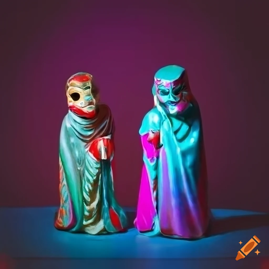 Digital art of two cloaked figures with japanese masks
