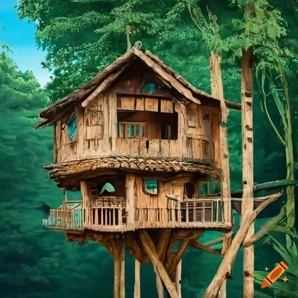 Treehouse huts with recycled elements and climbing plants on Craiyon