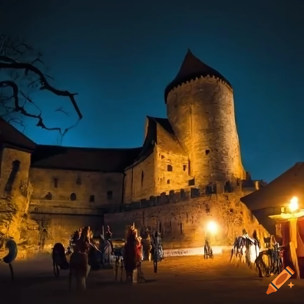 Detailed night shot of a medieval market in a castle on Craiyon