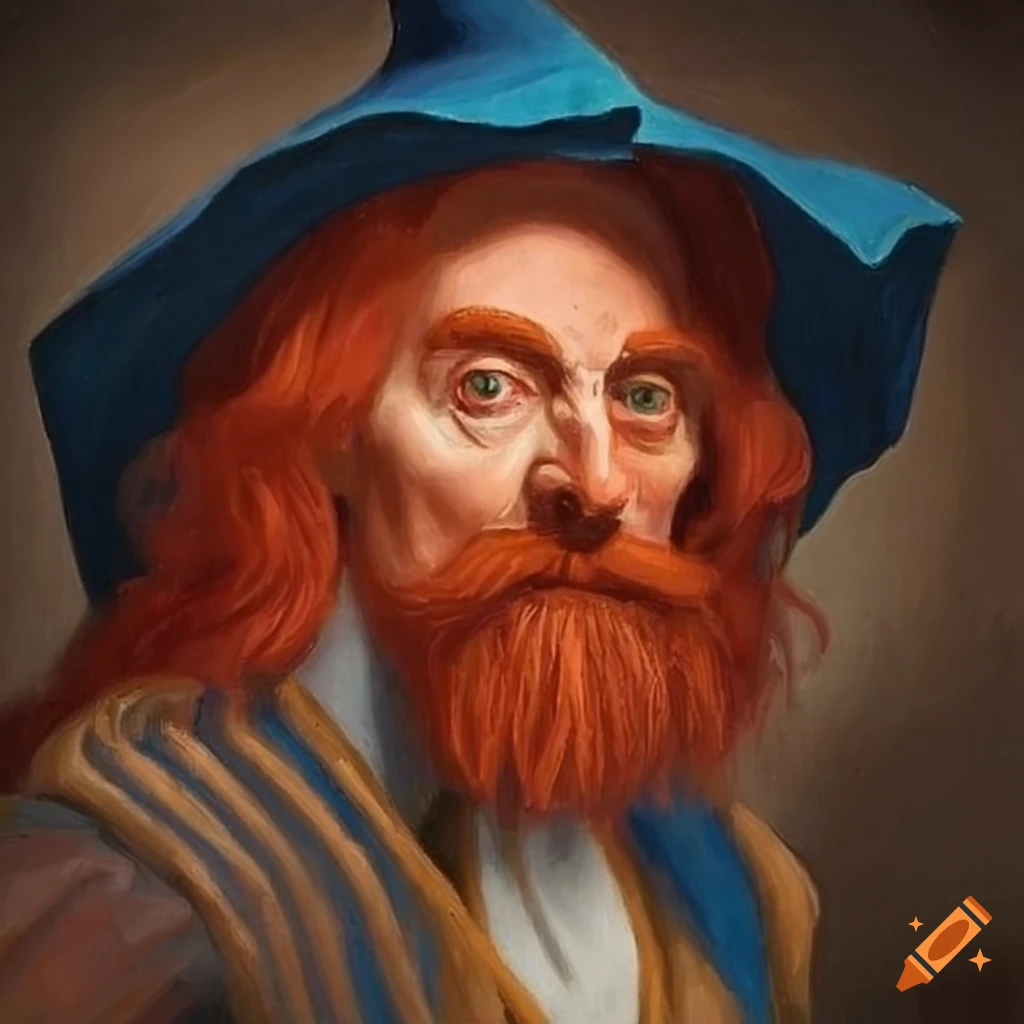 Portrait of a red bearded wizard in blue robes on Craiyon