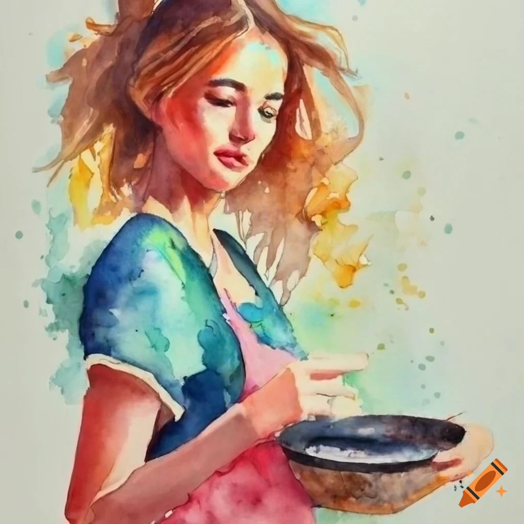 Watercolor painting of a housewife with a frying pan on Craiyon