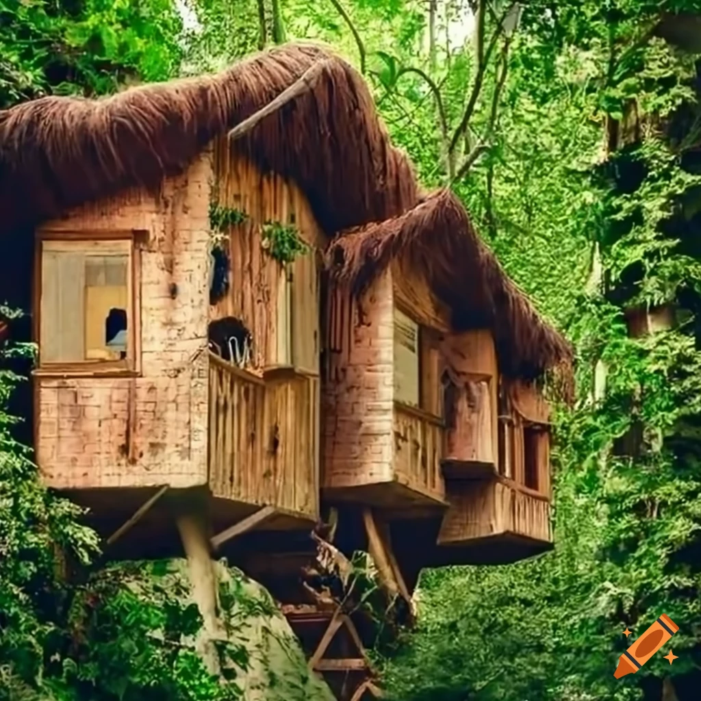 Eco-friendly treehouse cluster with climbing plants on Craiyon