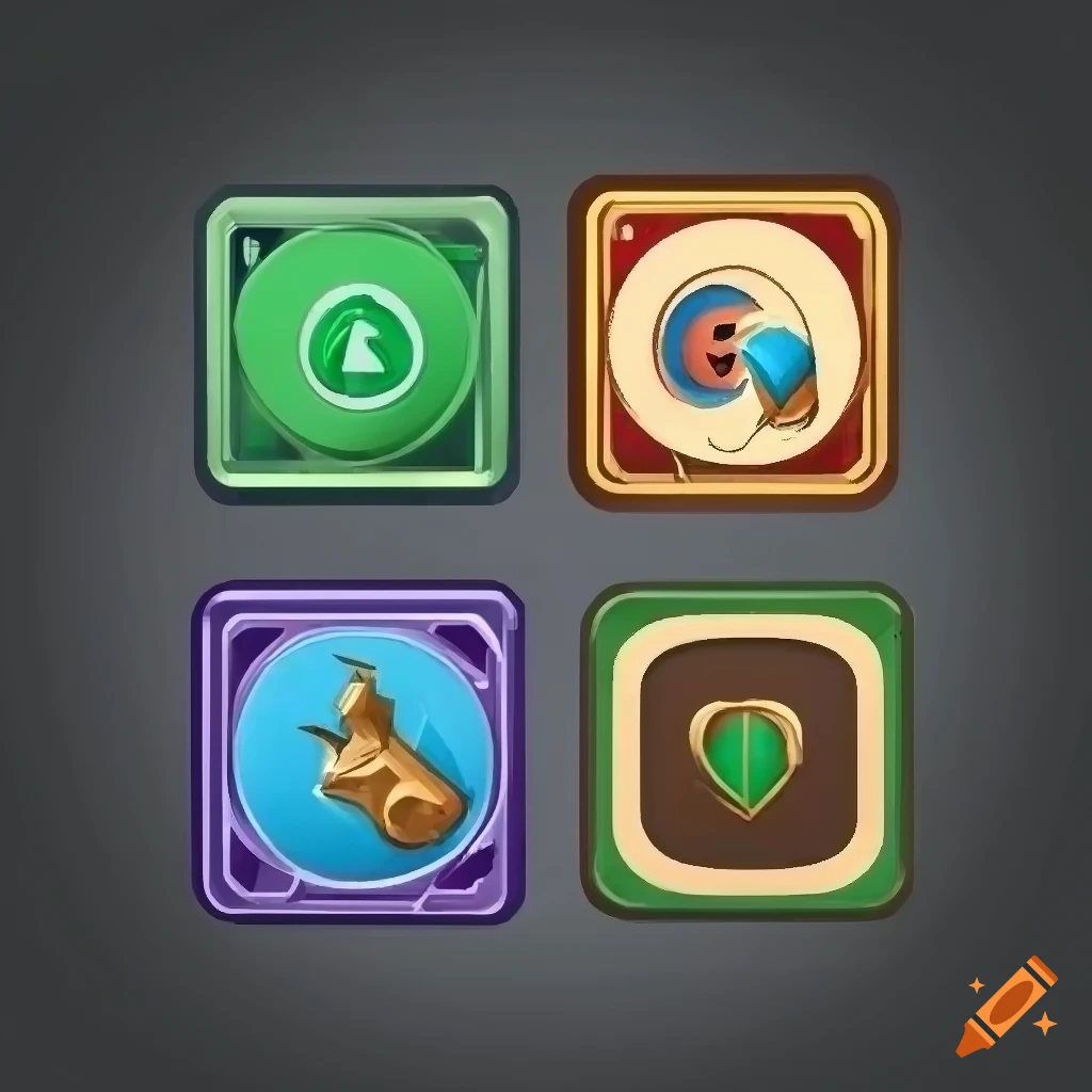 Spritesheet of colorful square merit badges on black background on Craiyon