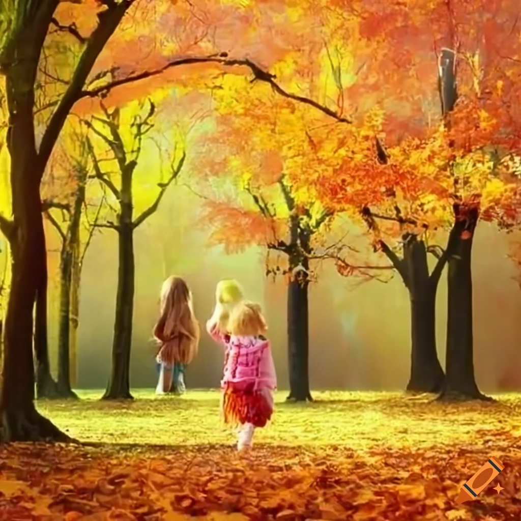 Children playing with autumn leaves on Craiyon