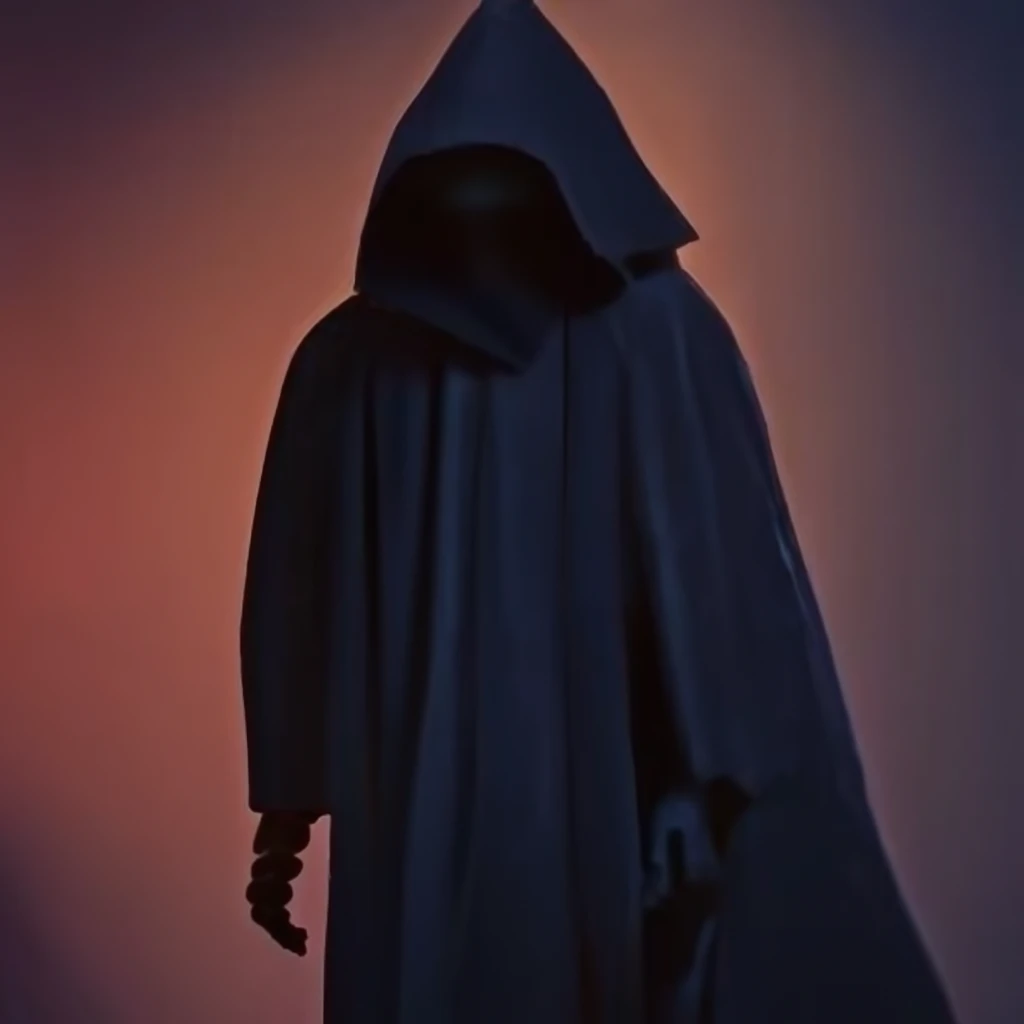 Artwork of two mysterious figures with masks