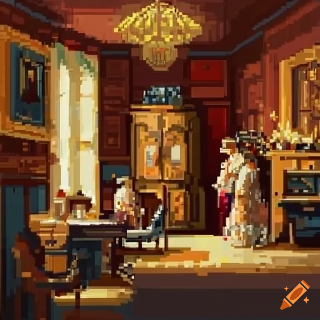 Detailed pixel art of a victorian interior on Craiyon