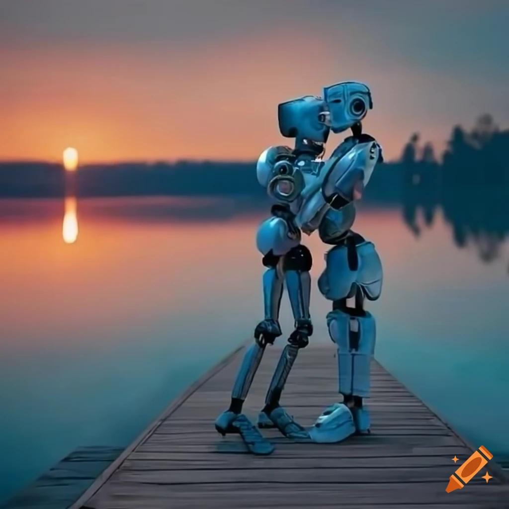 Romantic sunset kiss between a human and a robot on Craiyon