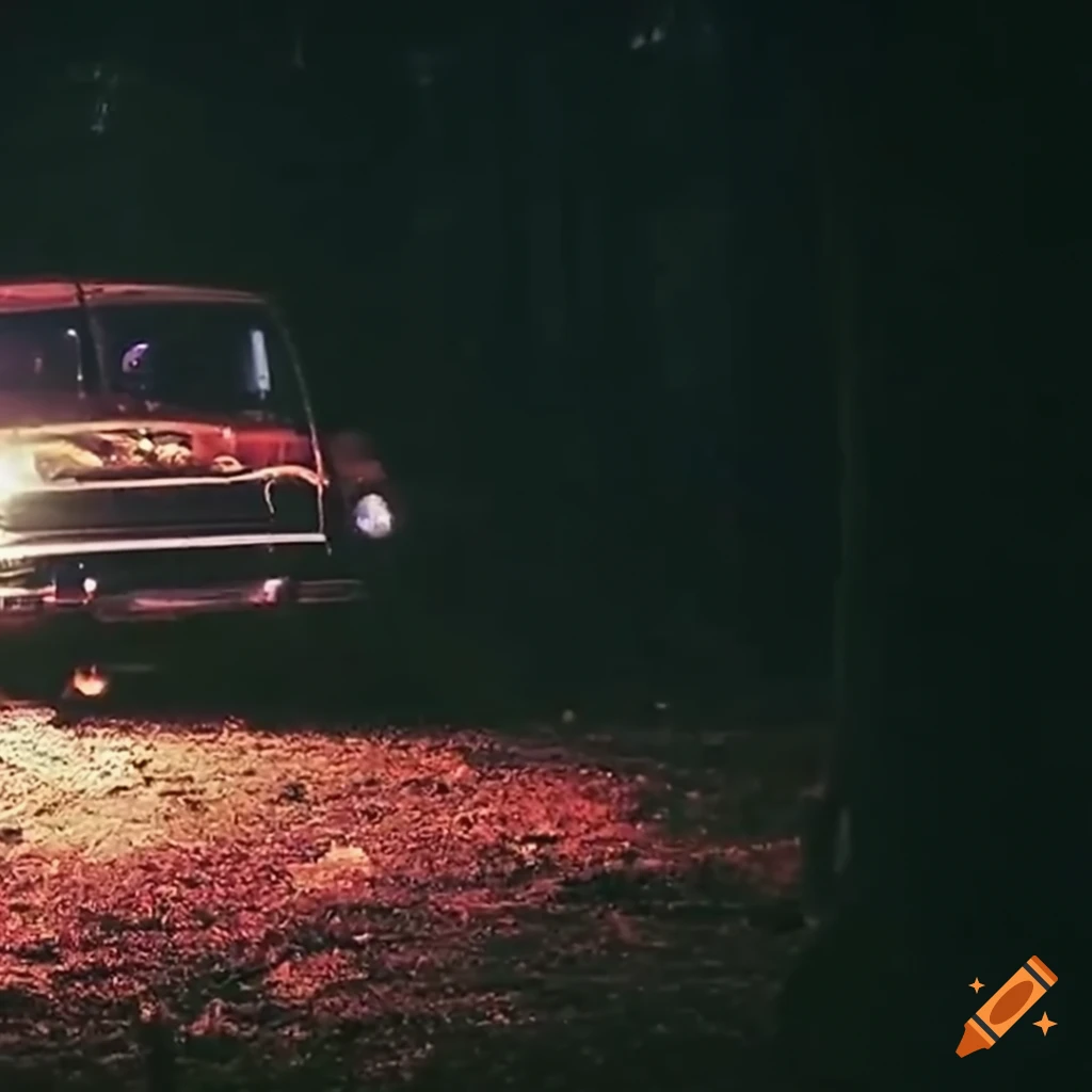 Haunting image of a purple rusty car in a fiery forest at night on Craiyon