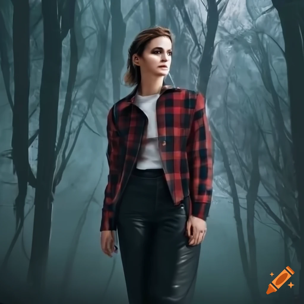 Hyperrealistic photograph of emma watson in a plaid shirt and black ...